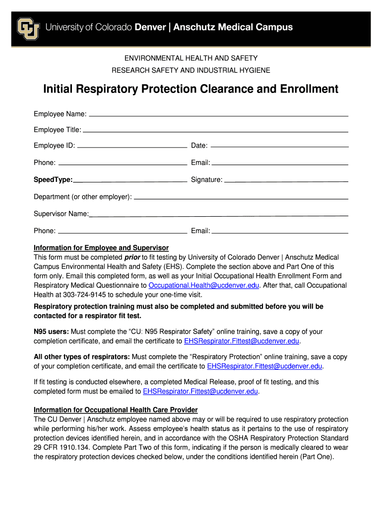 Fillable Online ucdenver Initial Respiratory Protection Clearance and ...