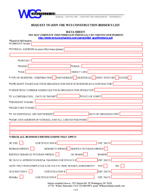 Fillable Online Bid Pre Qualifications Form - WCS Construction, LLC Fax ...