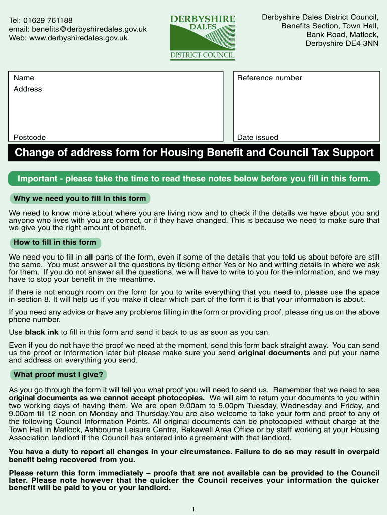 Fillable Online Change of Address - Derbyshire Dales District Council ...