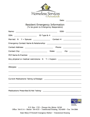 Fillable Online aroostookhomeless Resident Emergency Information ...