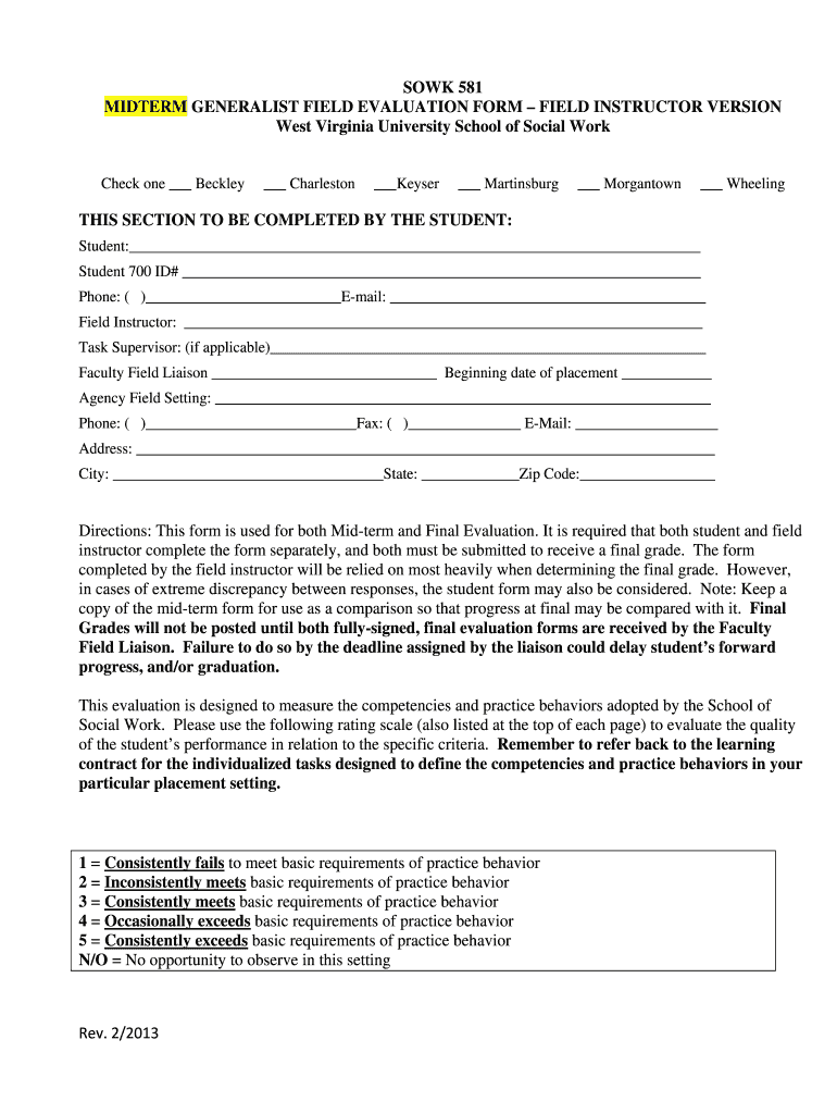 Fillable Online socialwork wvu Generalist MIDTERM Evaluation Form Field ...