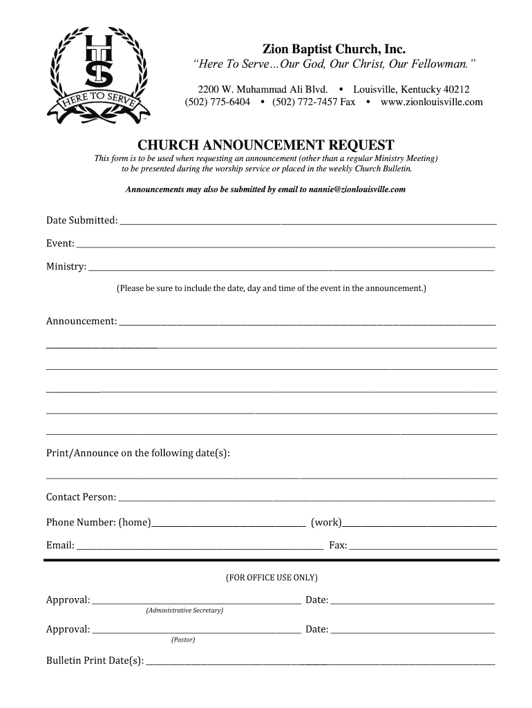Fillable Online Church announcement request - Zion Baptist Church, Inc ...