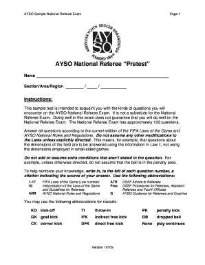 Fillable Online ayso1c sample national referee exam 1010adoc - ayso1c Fax Email Print - pdfFiller