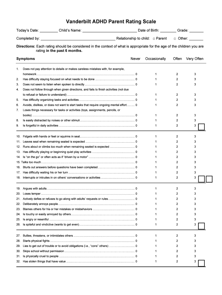 Fillable Online Vanderbilt ADHD Parent Initial - Utah Valley Pediatrics ...