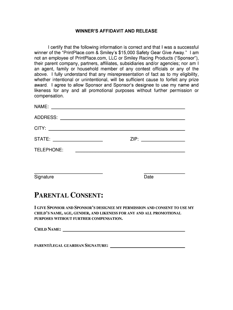 Fillable Online WINNERS AFFIDAVIT AND RELEASE - bKey2Victoryb Fax Email ...