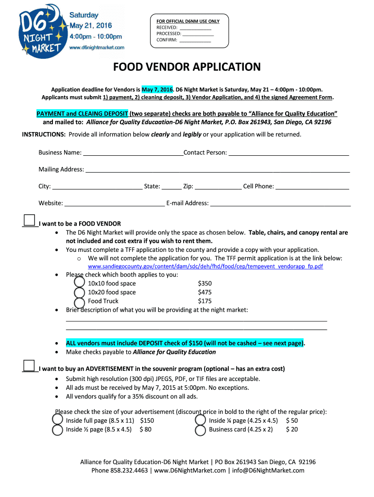 Fillable Online FOOD VENDOR APPLICATION - D6 Night Market Fax Email ...