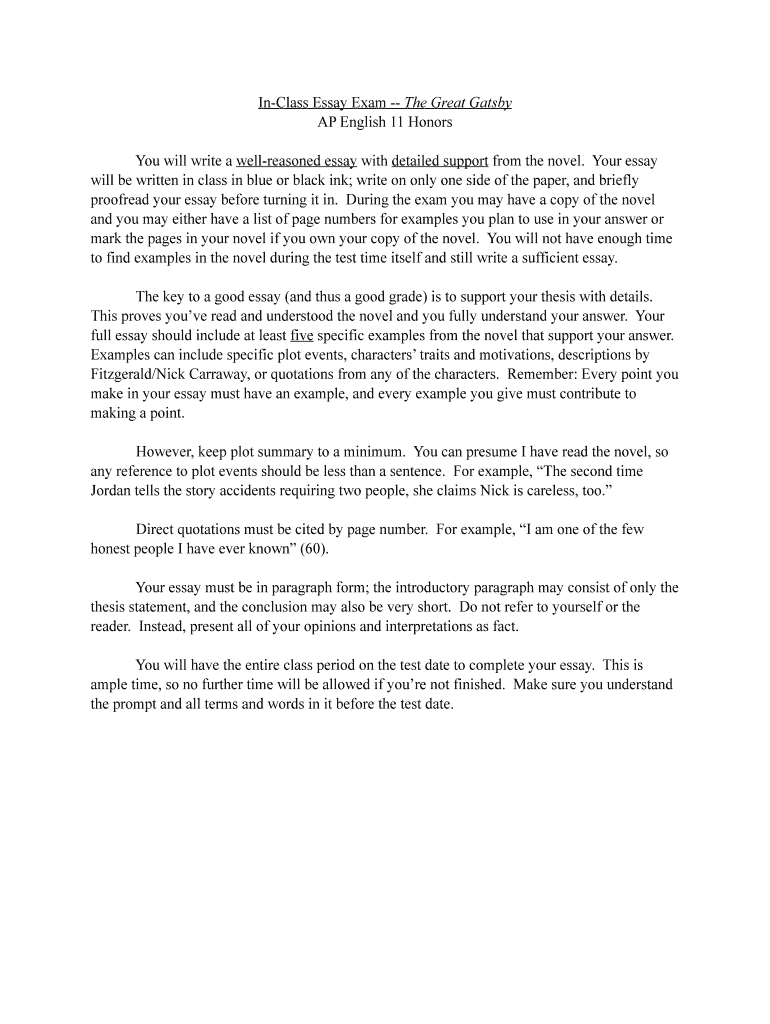 Fillable Online In-Class Essay Exam -- The Great Gatsby AP English 11 ...