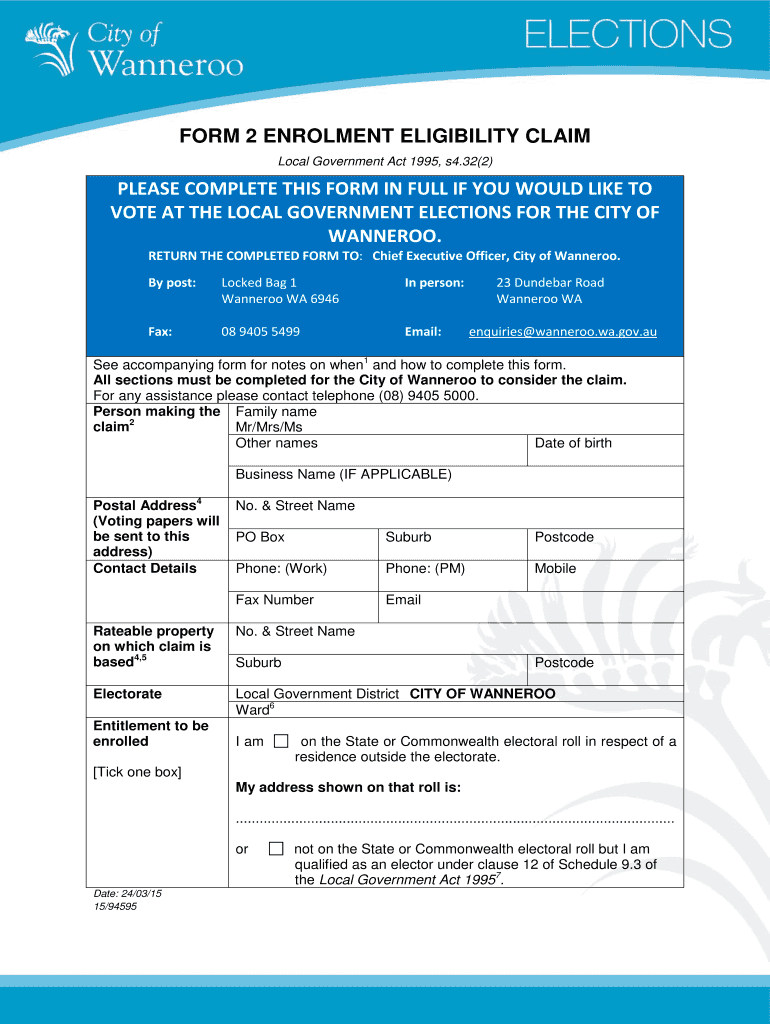 Fillable Online wanneroo wa gov FORM 2 ENROLMENT ELIGIBILITY CLAIM ...