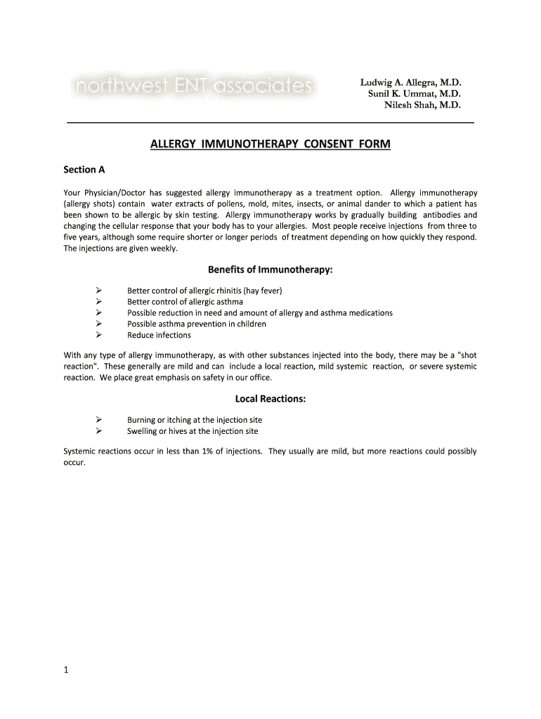 Fillable Online ALLERGY IMMUNOTHERAPY CONSENT FORM - nwfacecom Fax Email Print - pdfFiller
