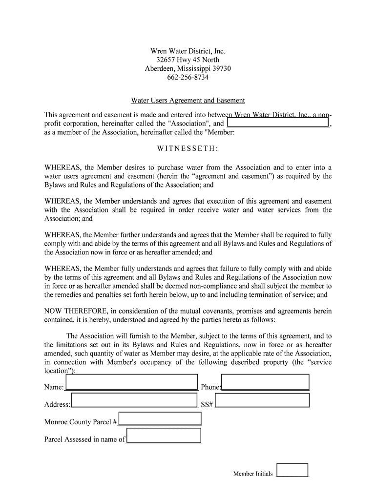 Fillable Online Water Users Agreement & Easement - Wren Water District ...