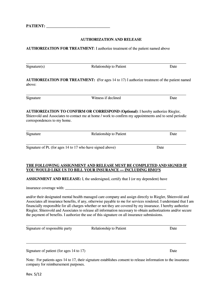 Fillable Online PATIENT AUTHORIZATION AND RELEASE AUTHORIZATION FOR ...