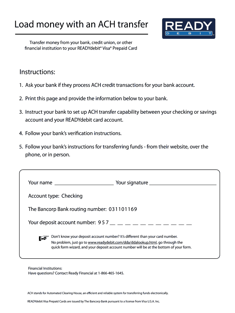 Fillable Online READYdebit Bancorp ACH transfer form Fax Email Print ...