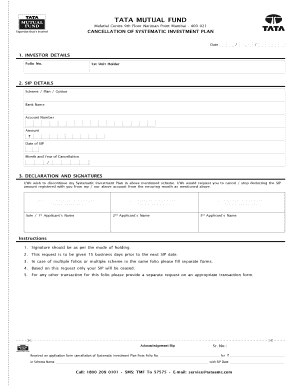 Fillable Online SIP bCancellation Formb - Tata Mutual Fund Fax Email Print - pdfFiller