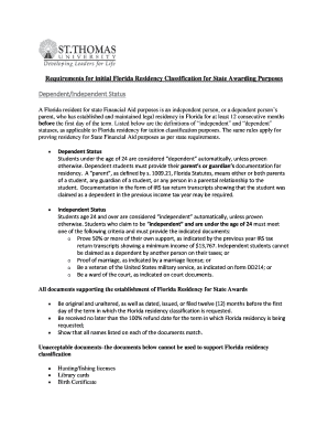 Fillable Online Requirements for initial Florida Residency Classification for State Awarding ...