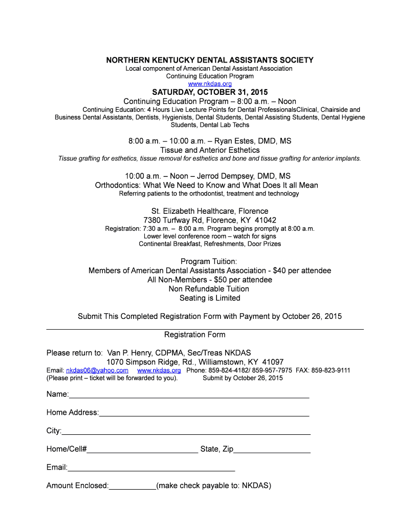 Fillable Online northernkydental Dental Assistants Meetings - Northern Kentucky Dental Society ...