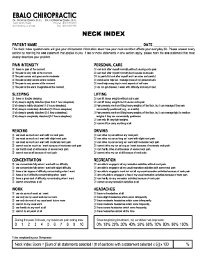 Fillable Online NECK INDEX - Ebalo Chiropractic Fax Email Print - pdfFiller