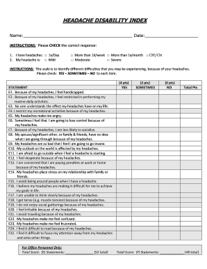 Fillable Online HEADACHE DISABILITY QUESTIONNARE - Ebalo Chiropractic ...