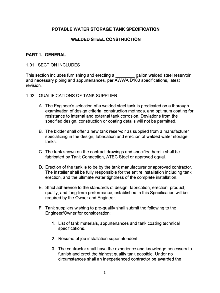 Fillable Online POTABLE WATER STORAGE TANK SPECIFICATION Fax Email ...