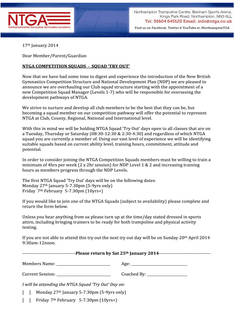 Fillable Online ntga co BNTGAb COMPETITION SQUADS - SQUAD TRY OUT ...