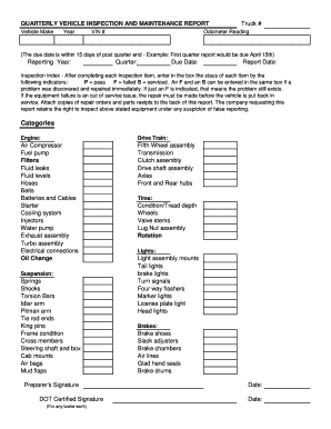 Fillable Online QUARTERLY VEHICLE INSPECTION AND MAINTENANCE REPORT Fax ...