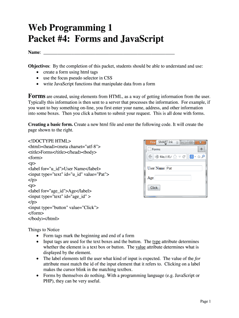 Fillable Online Web Programming 1 Packet #4: Forms and JavaScript Name ...