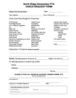 Fillable Online North Ridge Elementary PTA CHECK REQUEST FORM Fax Email Print - pdfFiller