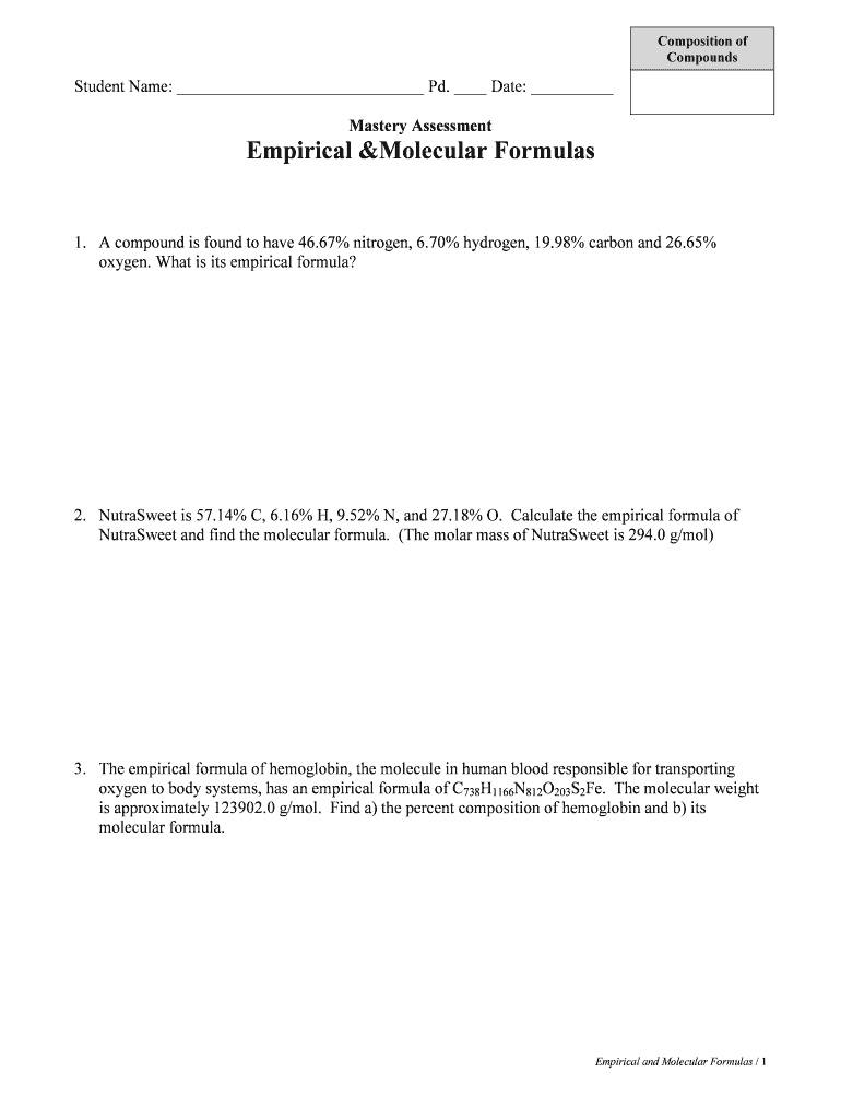 Fillable Online Mastery Assessment Empirical Molecular Formulas Fax ...