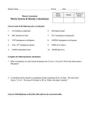 Fillable Online mastery assessment - metric conversions and density Fax ...