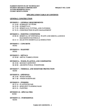 Fillable Online fitnyc Specification table of contents general ...