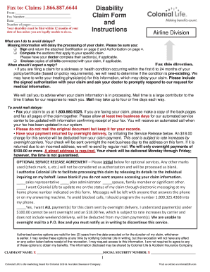 Fillable Online BDisability Claim Formb - Colonial Life Fax Email Print ...