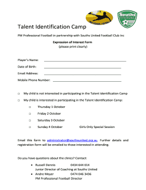 Fillable Online southsunited org Talent Identification Camp - Souths ...