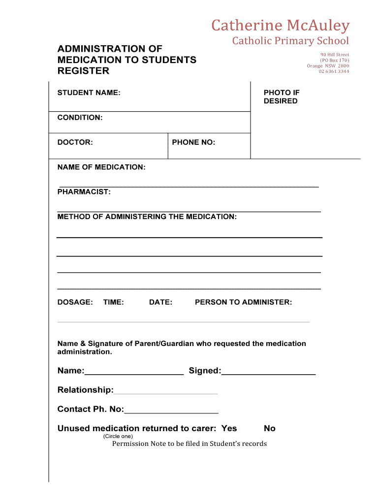 Fillable Online mcauleyorange catholic edu Medication Register.docx ...
