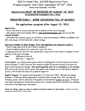 Fillable Online 2012 In-House FALL SOCCER Registration Form 10-week ...