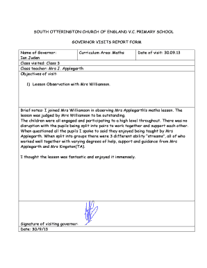Fillable Online southotterington n-yorks sch GOVERNOR VISITS REPORT ...