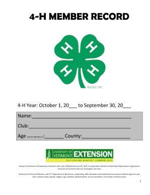 Fillable Online uvm 4-H MEMBER bRECORDb - University of Vermont Fax ...