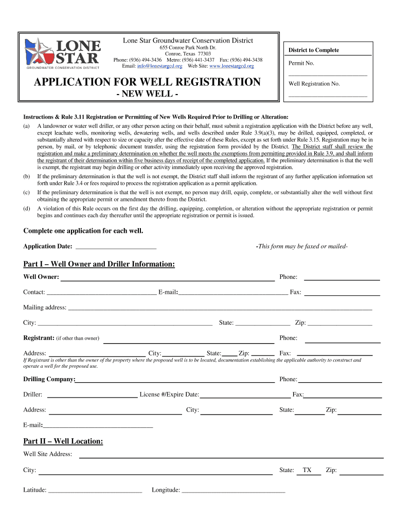 Fillable Online lonestargcd Application for Well Registration - Lone ...