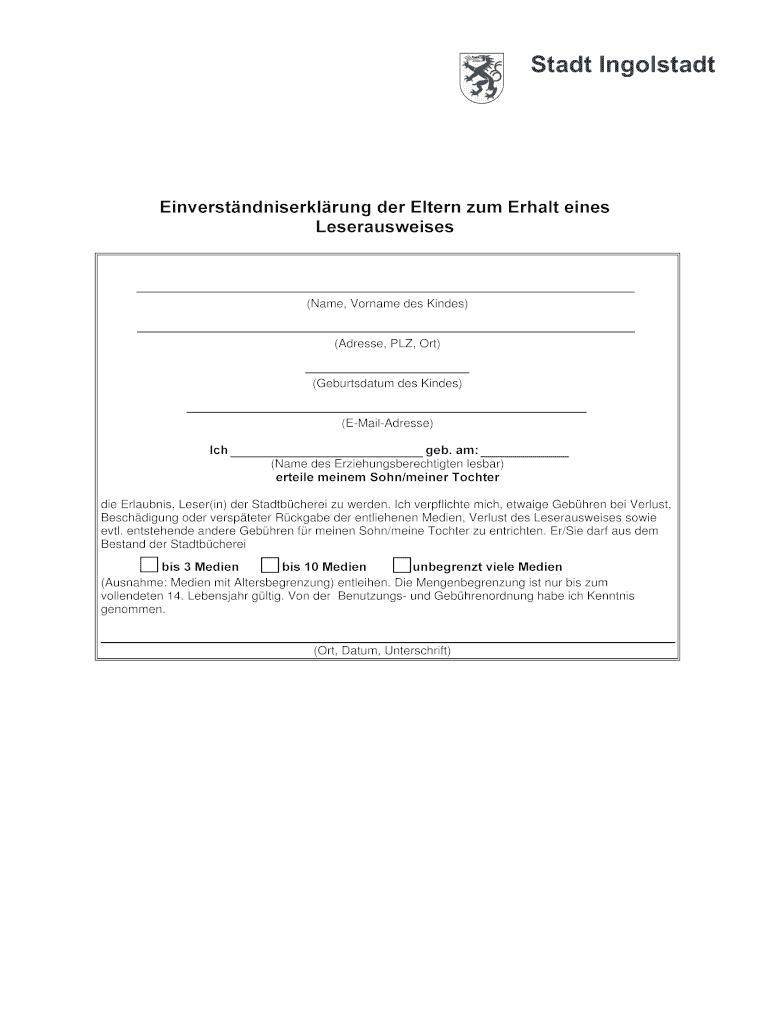 Fillable Online www2 ingolstadt Einverst ndniserkl rung der Eltern zum Erhalt eines ...
