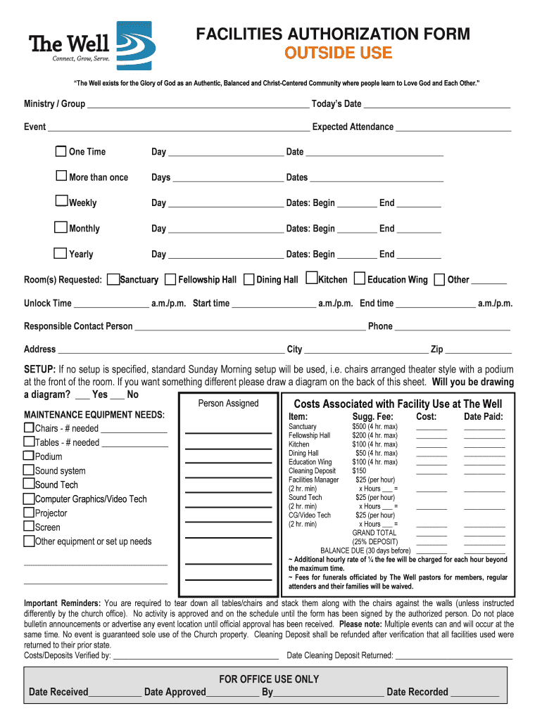 Fillable Online thewellontheweb FACILITIES AUTHORIZATION FORM OUTSIDE ...
