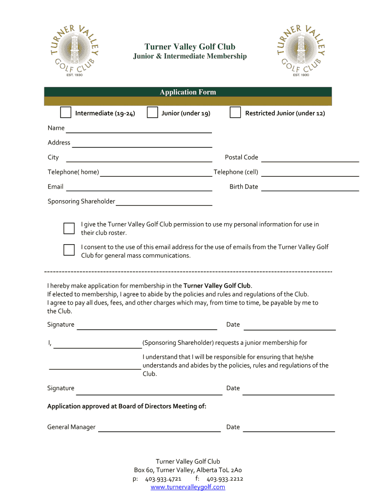 Fillable Online Our Membership Form - Turner Valley Golf Club Fax Email ...