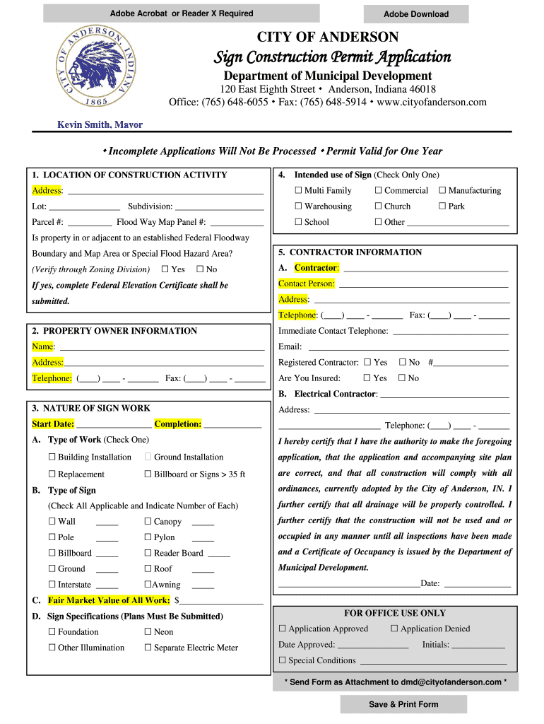 Fillable Online Sign Construction Permit Application - Anderson IN Fax ...