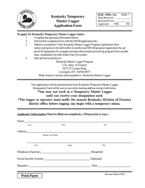 Fillable Online Kentucky Temporary KML-7 Master Logger Application Form ...