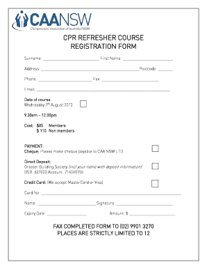 Fillable Online chiropractorsnsw asn CPR REFRESHER COURSE REGISTRATION FORM - chiropractorsnsw ...
