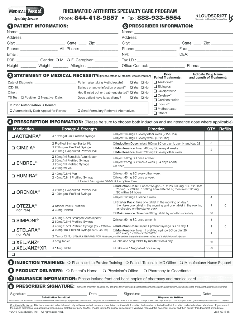 Fillable Online medicalparkpharmacy RHEUMATOID ARTHRITIS SPECIALTY CARE ...