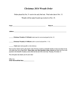 Fillable Online schaefferacademy Christmas 2014 Wreath Order ...