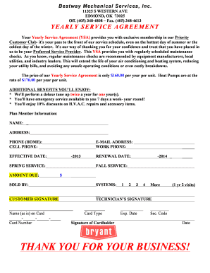 Fillable Online YEARLY SERVICE AGREEMENT - bbestwaymechanicalbbcomb Fax ...