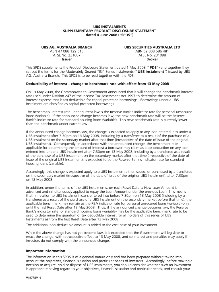 Fillable Online UBS Instalments Supplementary Product Disclosure ...