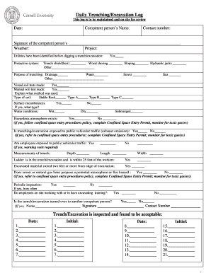 Fillable Online ehs cornell Daily TrenchingExcavation Log - ehs cornell ...