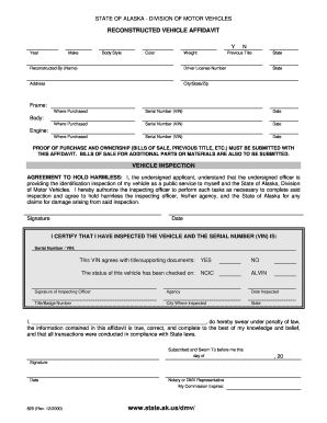 Fillable Online Alaska Reconstructed Vehicle - State Legal Forms Fax ...