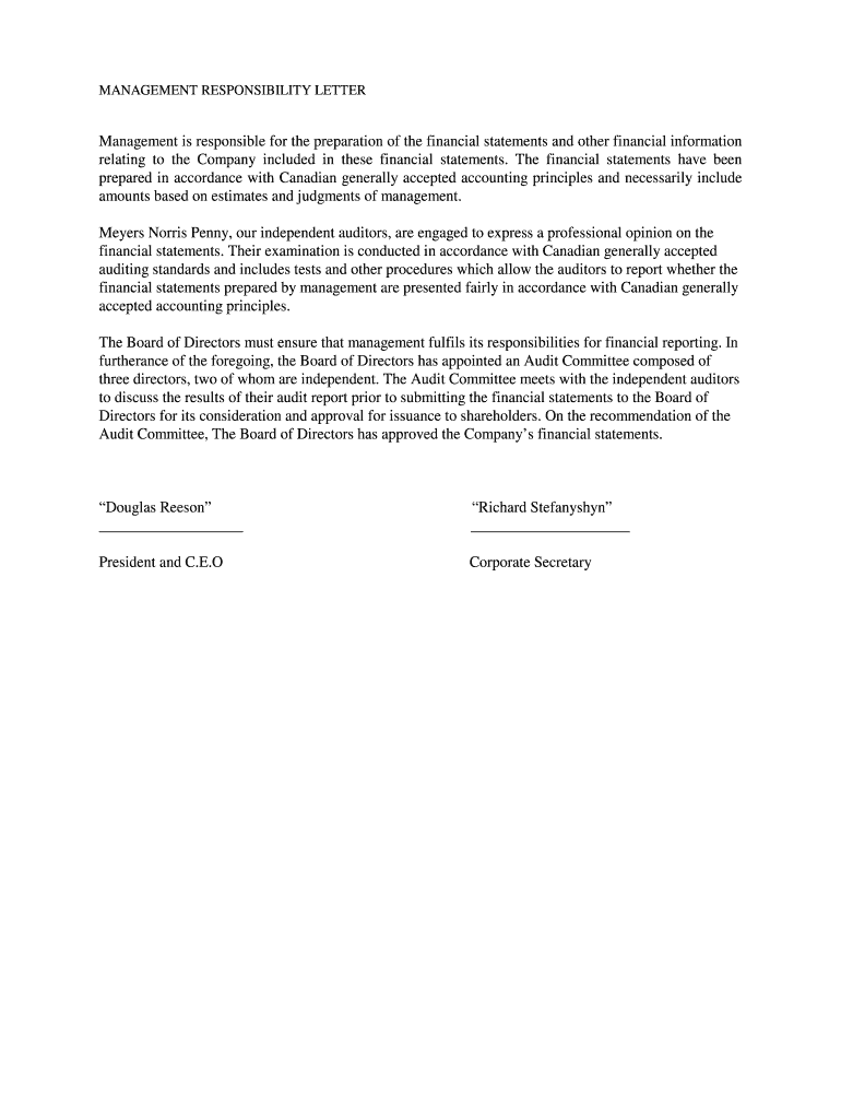 Fillable Online MANAGEMENT RESPONSIBILITY LETTER Fax Email Print ...