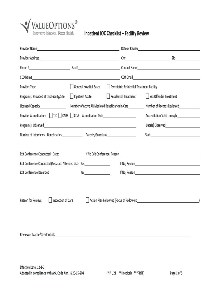 Fillable Online Inpatient IOC Checklist – Facility Review Fax Email ...